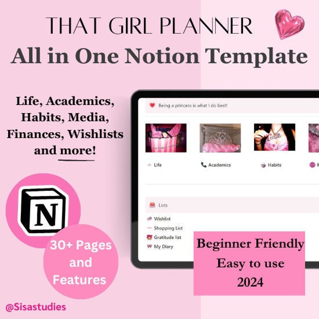 Ultimate That Girl Notion Life Planner Template Pink Princess Y2k