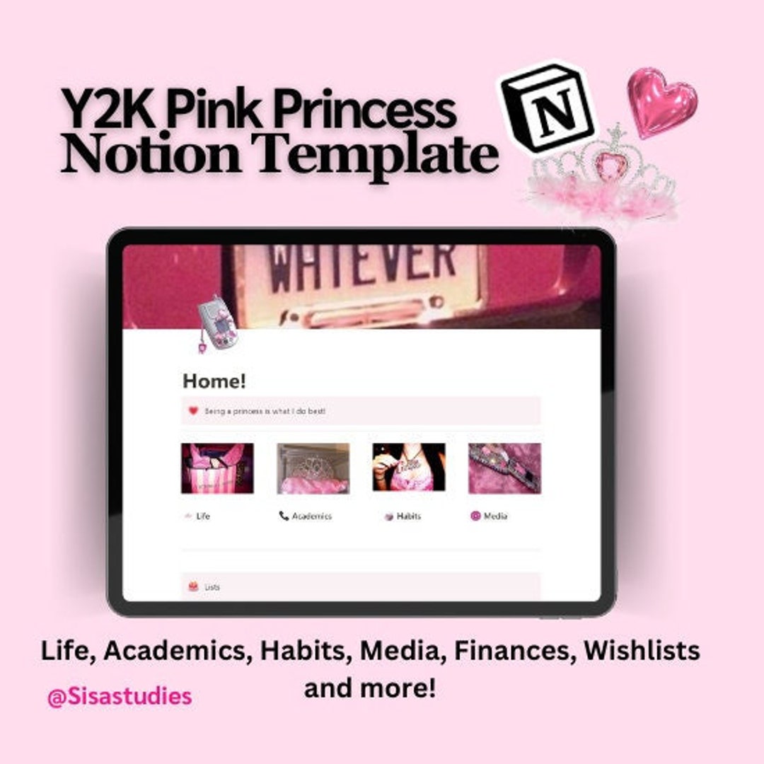 That Girl Notion Life Planner Template 2000s Pink Princess Y2k