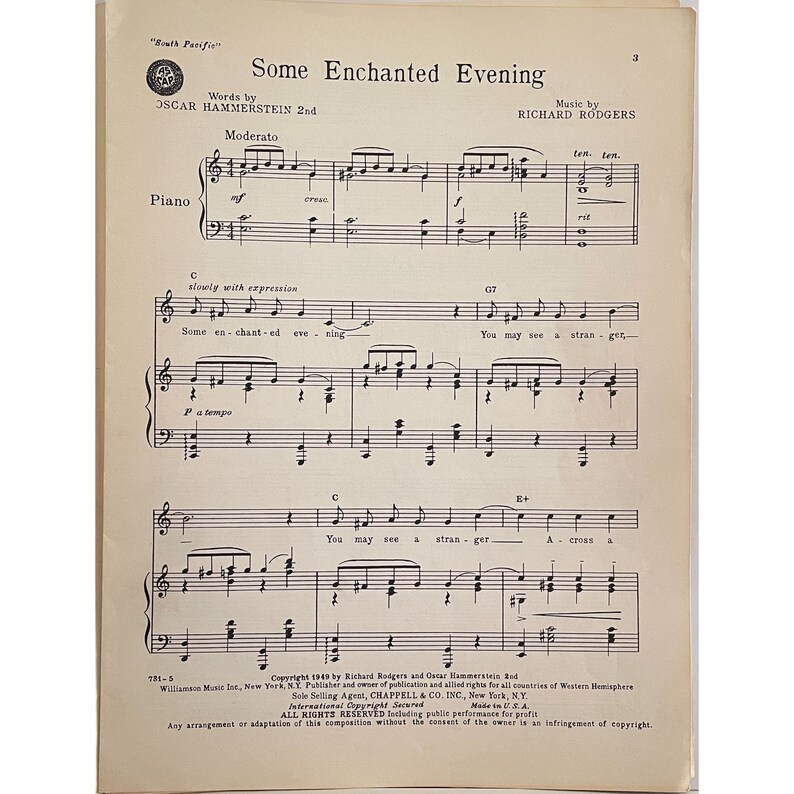 South Pacific Sheet Music Some Enchanted Evening 1949 Rogers ...