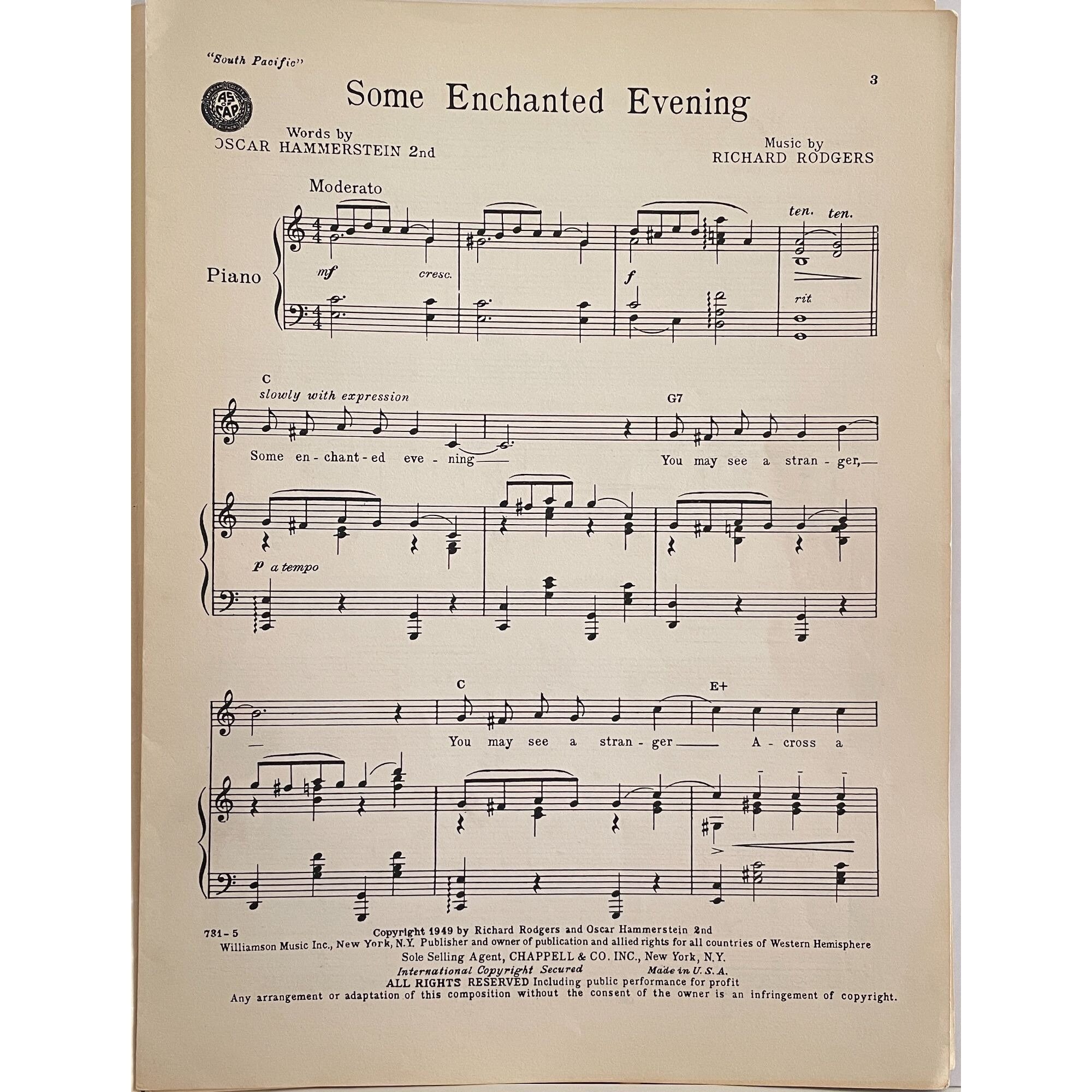 South Pacific Sheet Music Some Enchanted Evening 1949 Rogers ...