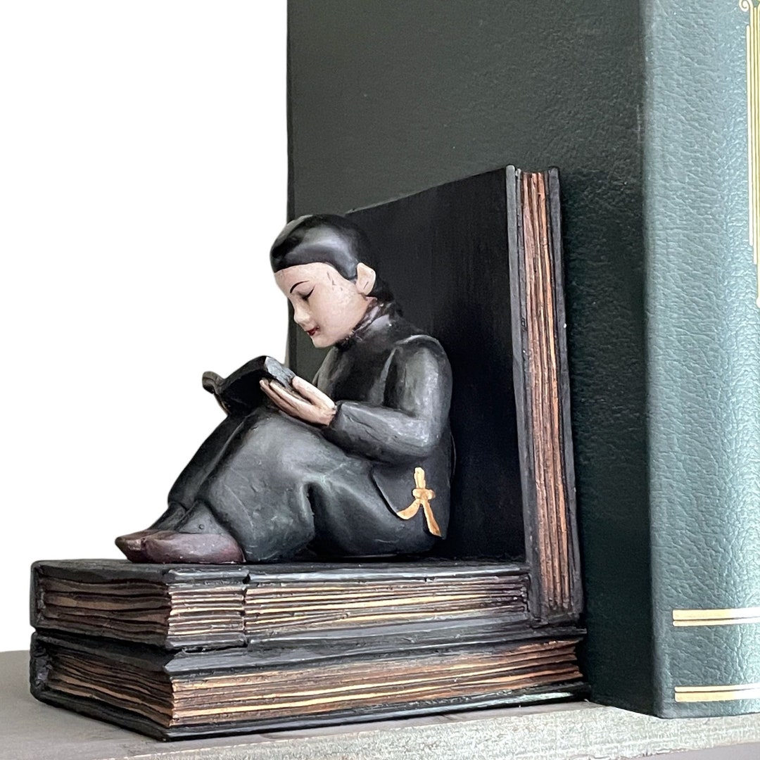 Vintage Bookend Carved Wood Man Reading Book Studying Library Decor - Etsy