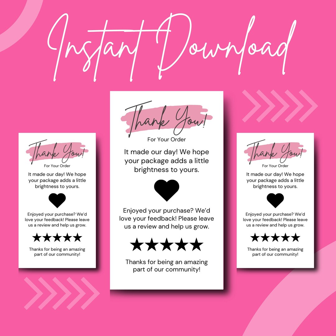 Thank You Card, Printable Customer Thank You Card, Note, Package Insert ...