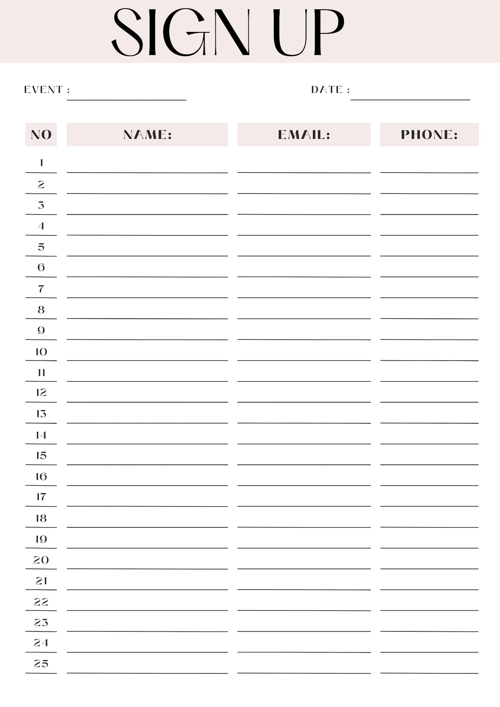 Sign up Sheet, Pdf,sign up Template, Event Sign Up, Blank Digital Sign ...