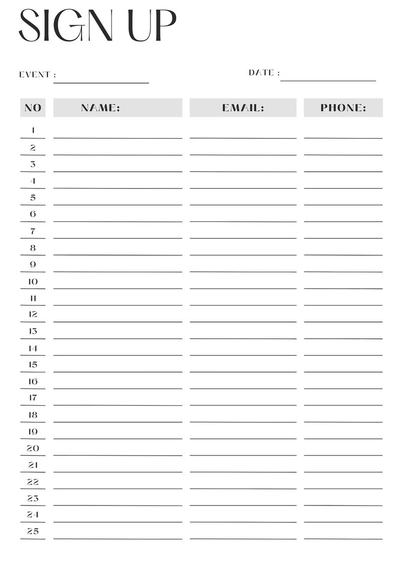 Sign up Sheet, Pdf,sign up Template, Event Sign Up, Blank Digital Sign ...
