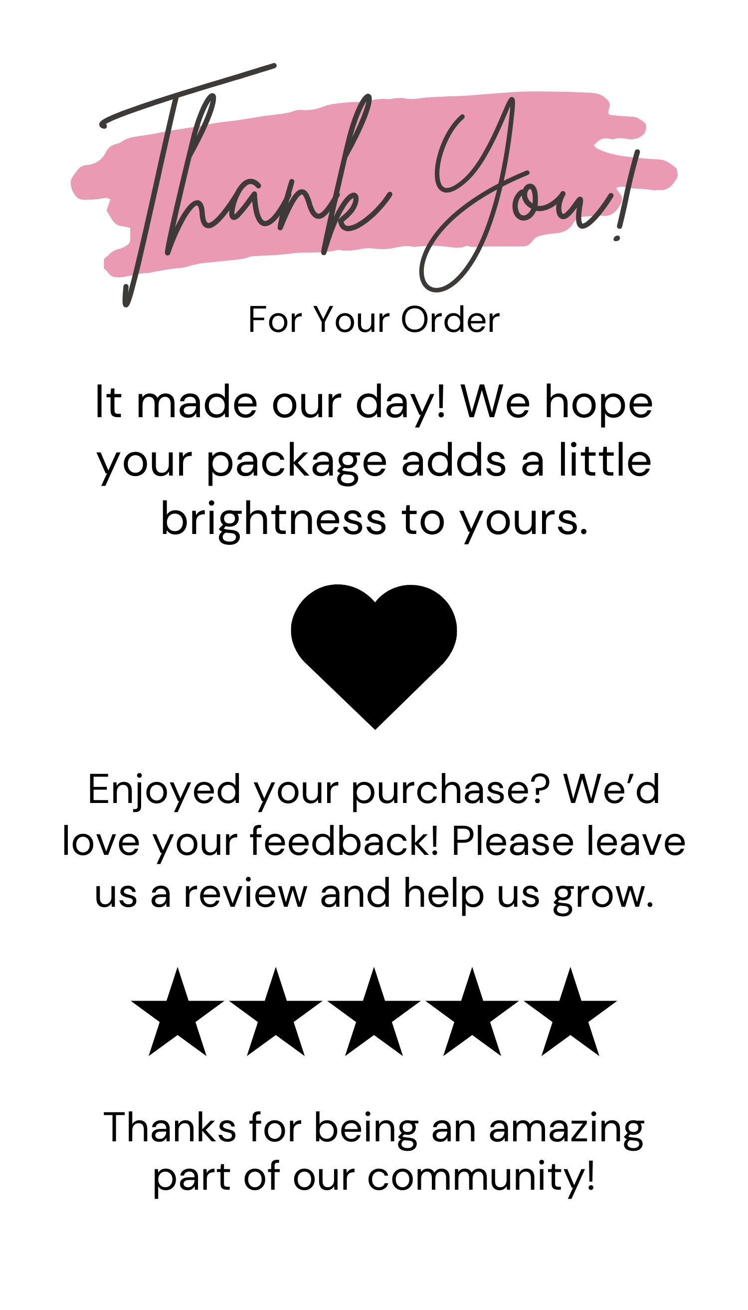 Thank You Card, Printable Customer Thank You Card, Note, Package Insert ...