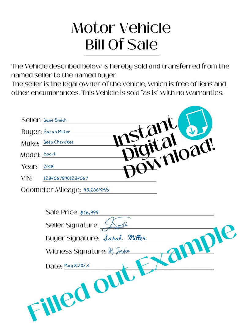 Vehicle Bill of Sale Template | Instant Download, Car Sale Form | Auto ...
