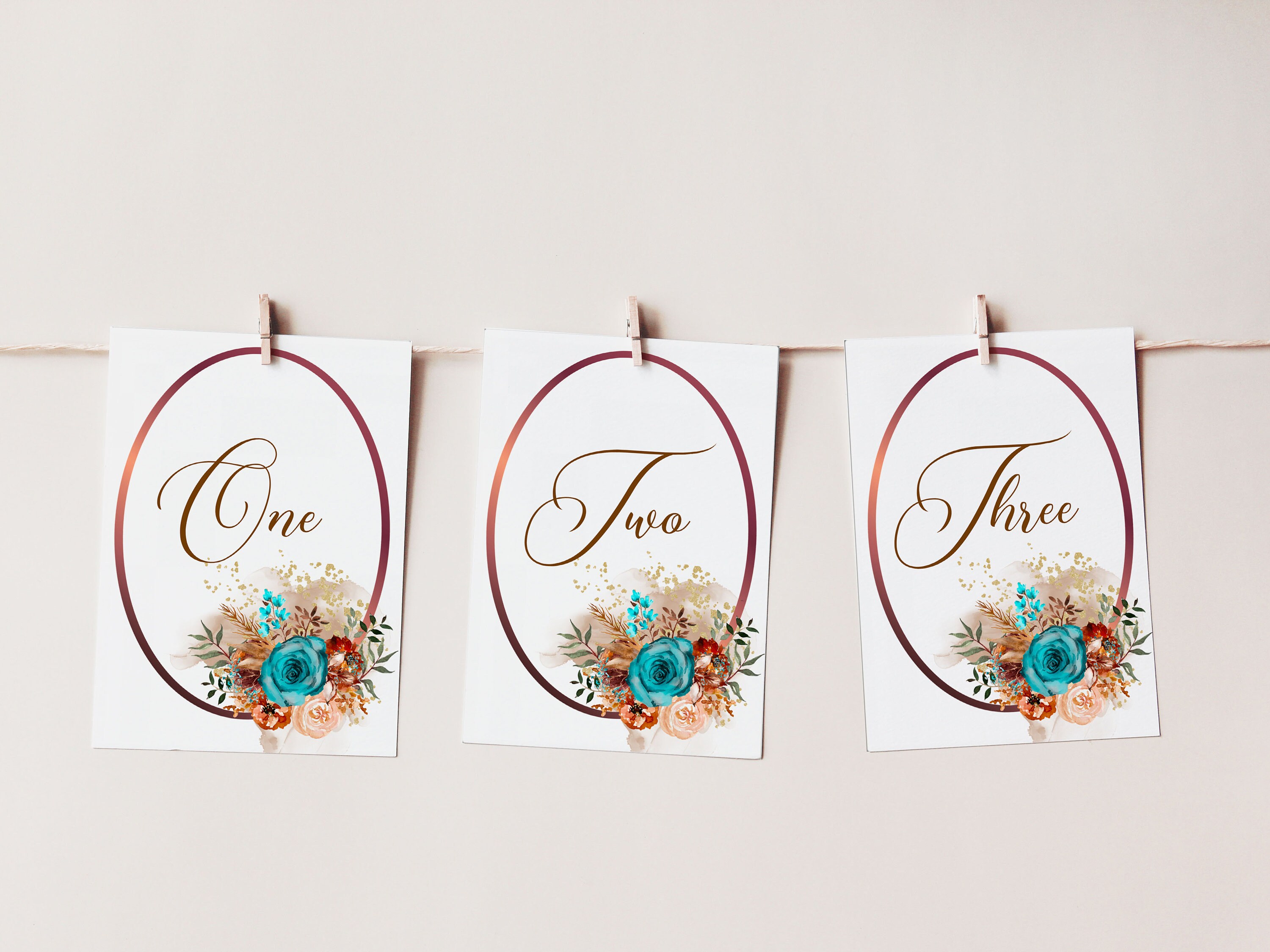 Teal and Bronze Table Numbers Template. INSTANT ACCESS, Editable ...