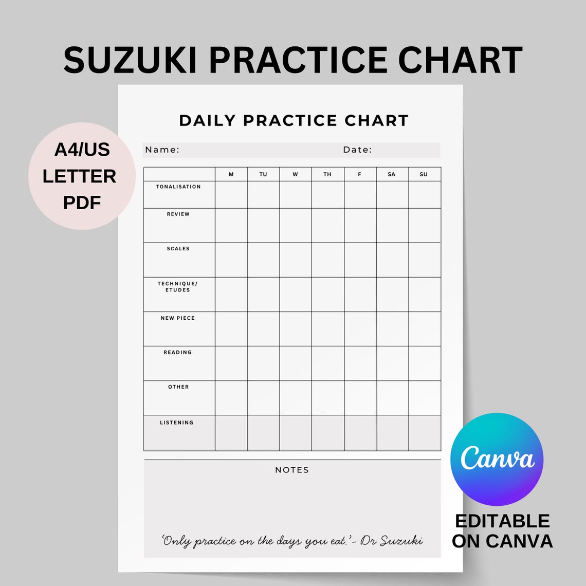 SUZUKI PRACTICE CHART, Music Practice Log, Editable Practice Sheet ...