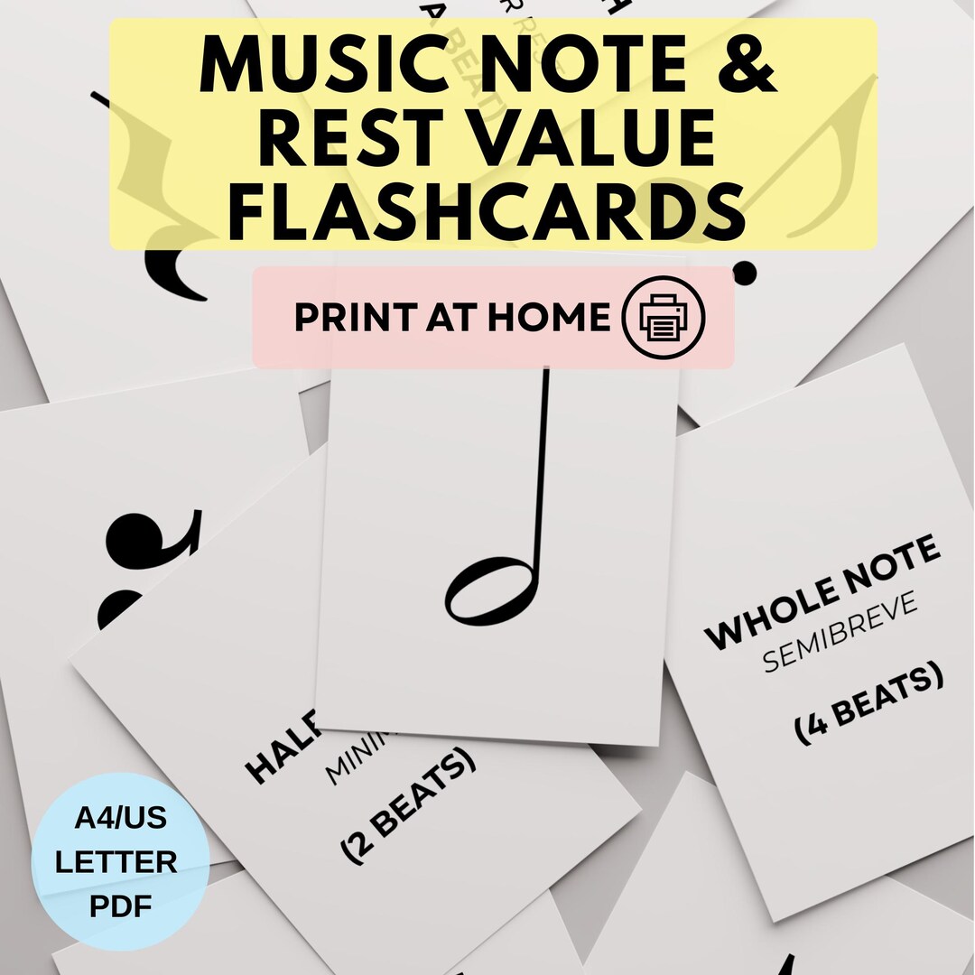 Music Note and Rest Values FLASHCARDS, Printable Notes and Rests Flash ...
