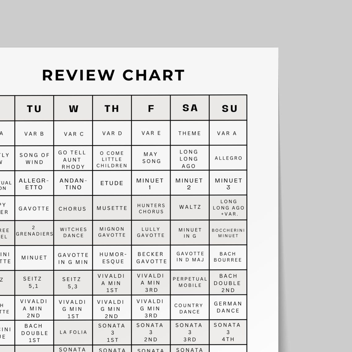 REVIEW CHART Suzuki Violin, Books 1 -8 Practice Sheet, Violin Review ...