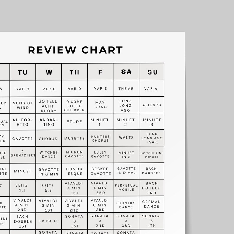 REVIEW CHART Suzuki Violin, Books 1 -8 Practice Sheet, Violin Review ...