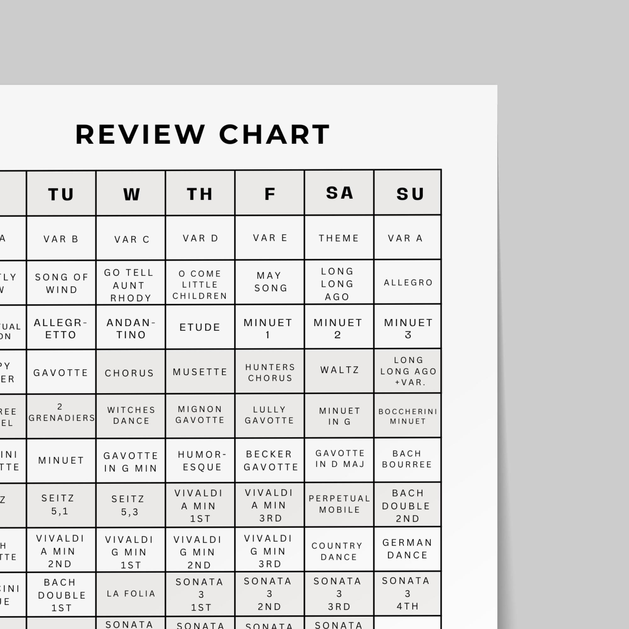 REVIEW CHART Suzuki Violin, Books 1 -8 Practice Sheet, Violin Review ...