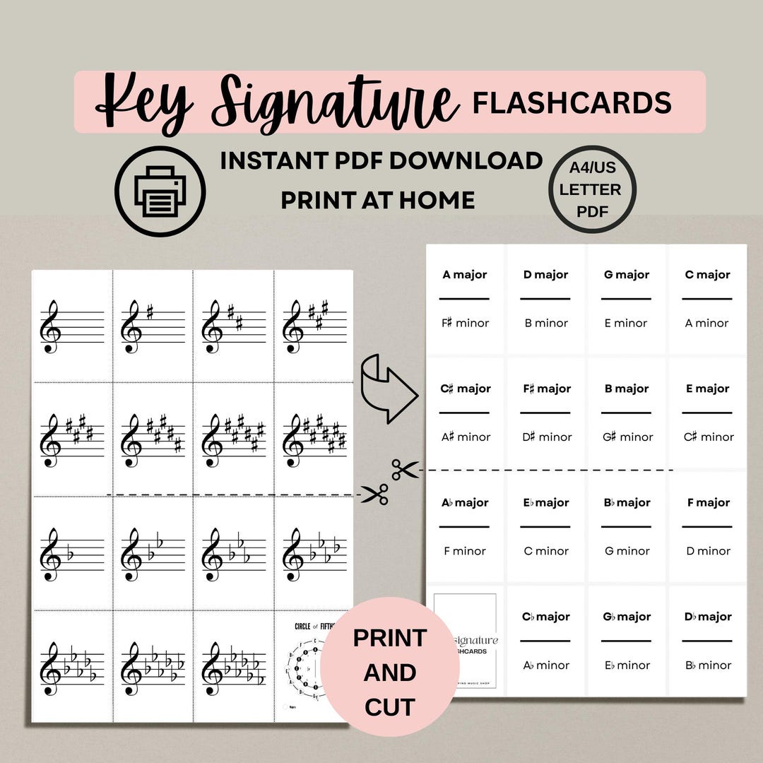KEY SIGNATURE FLASHCARDS Printable, Music Flash Cards, Beginner Piano ...