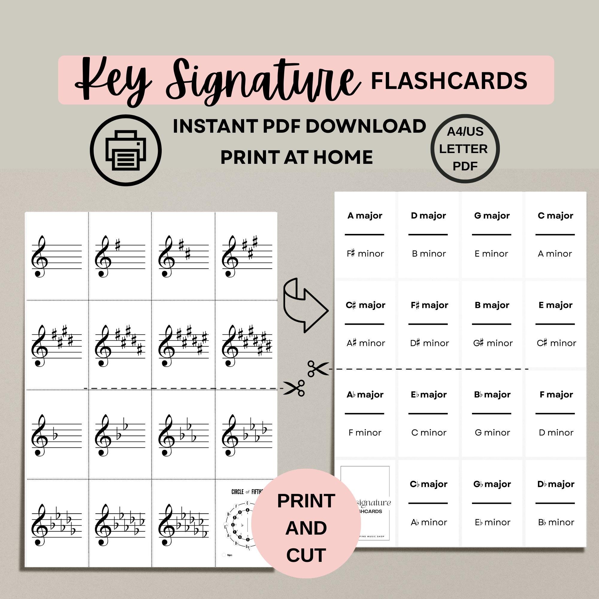 KEY SIGNATURE FLASHCARDS Printable, Music Flash Cards, Beginner Piano ...