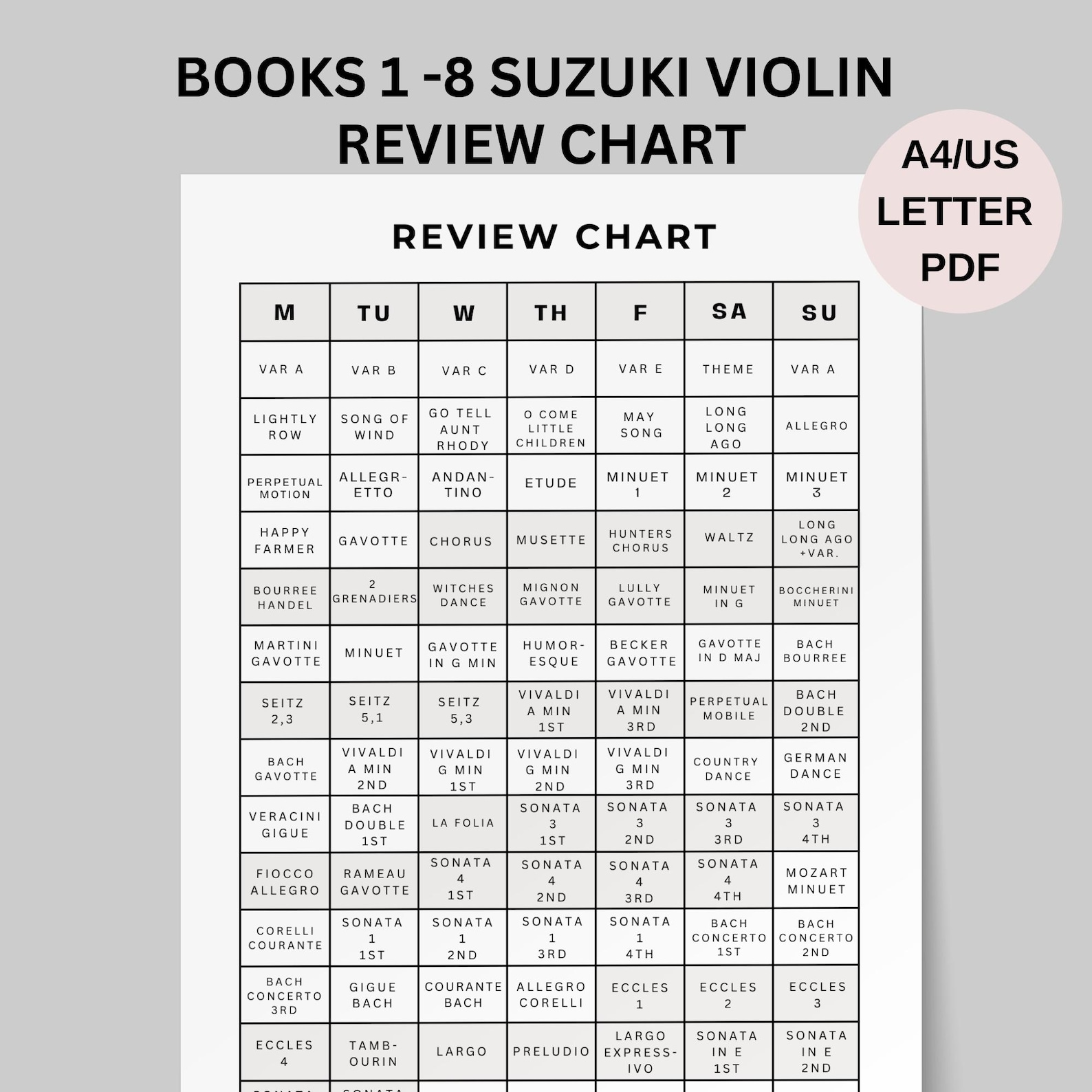 REVIEW CHART Suzuki Violin, Books 1 -8 Practice Sheet, Violin Review ...
