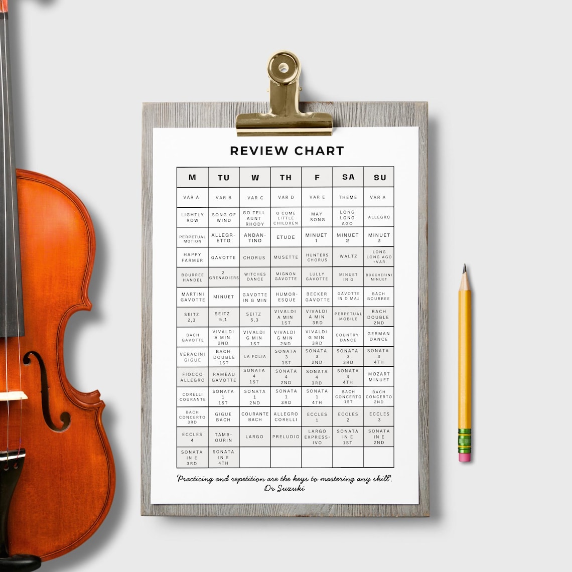 REVIEW CHART Suzuki Violin, Books 1 -8 Practice Sheet, Violin Review ...