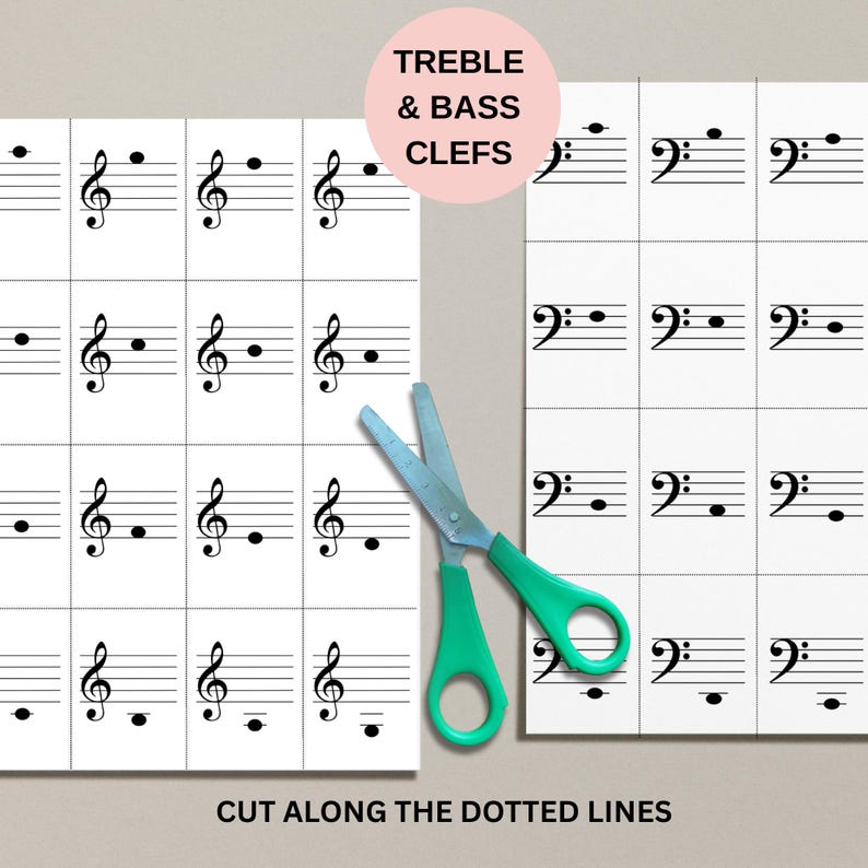 MUSIC NOTE FLASHCARDS Printable- Piano Note Flash Cards, Bass and ...