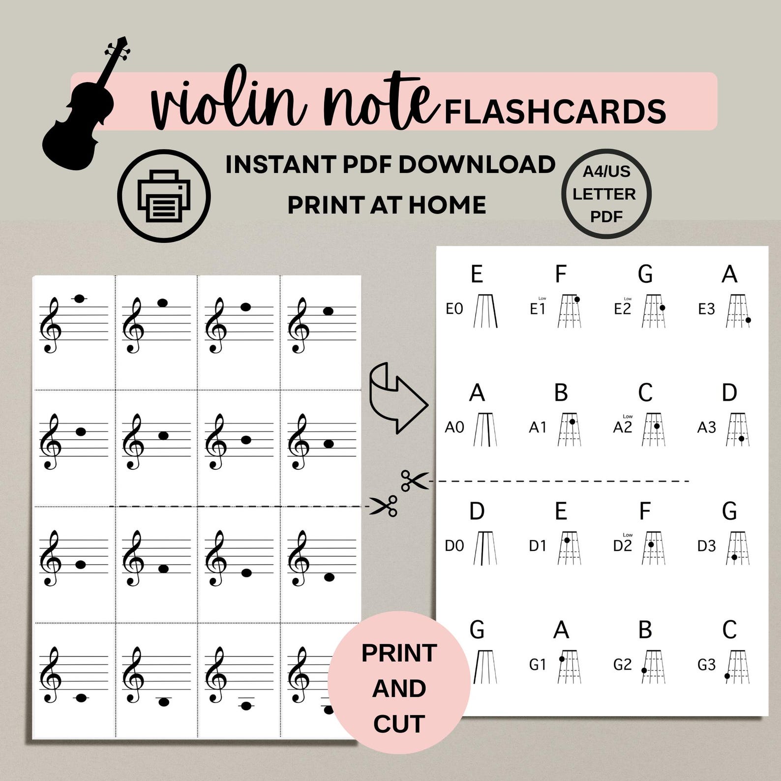 VIOLIN NOTE FLASHCARDS -instant Download, Learn the Violin Notes ...
