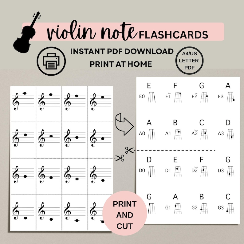 VIOLIN NOTE FLASHCARDS -instant Download, Learn the Violin Notes ...