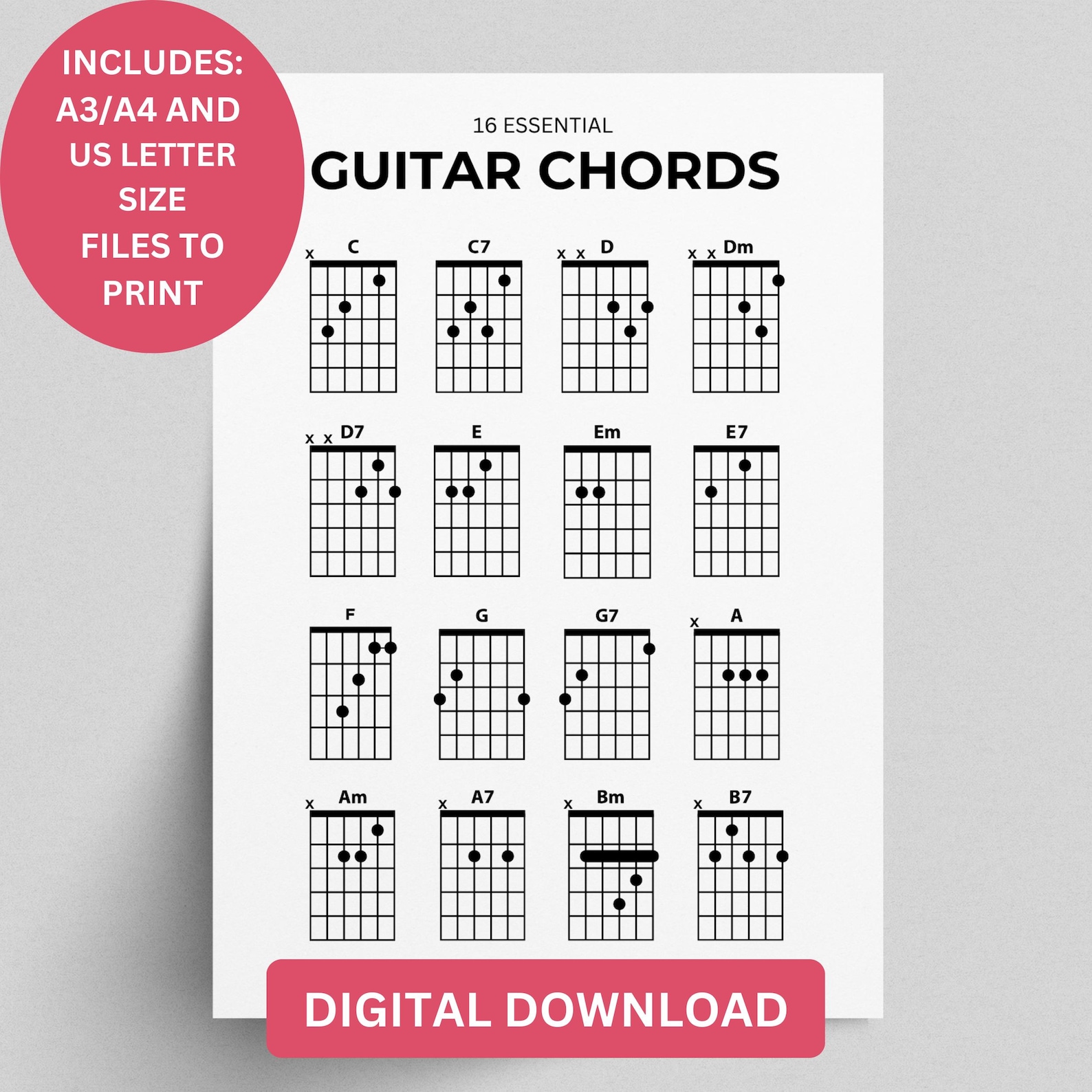 GUITAR CHORDS CHART for Beginners, 16 Basic Guitar Chords, Essential ...