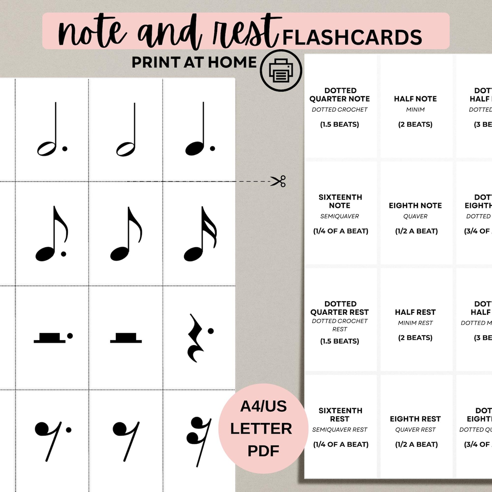 Music Note and Rest Values FLASHCARDS, Printable Notes and Rests Flash ...