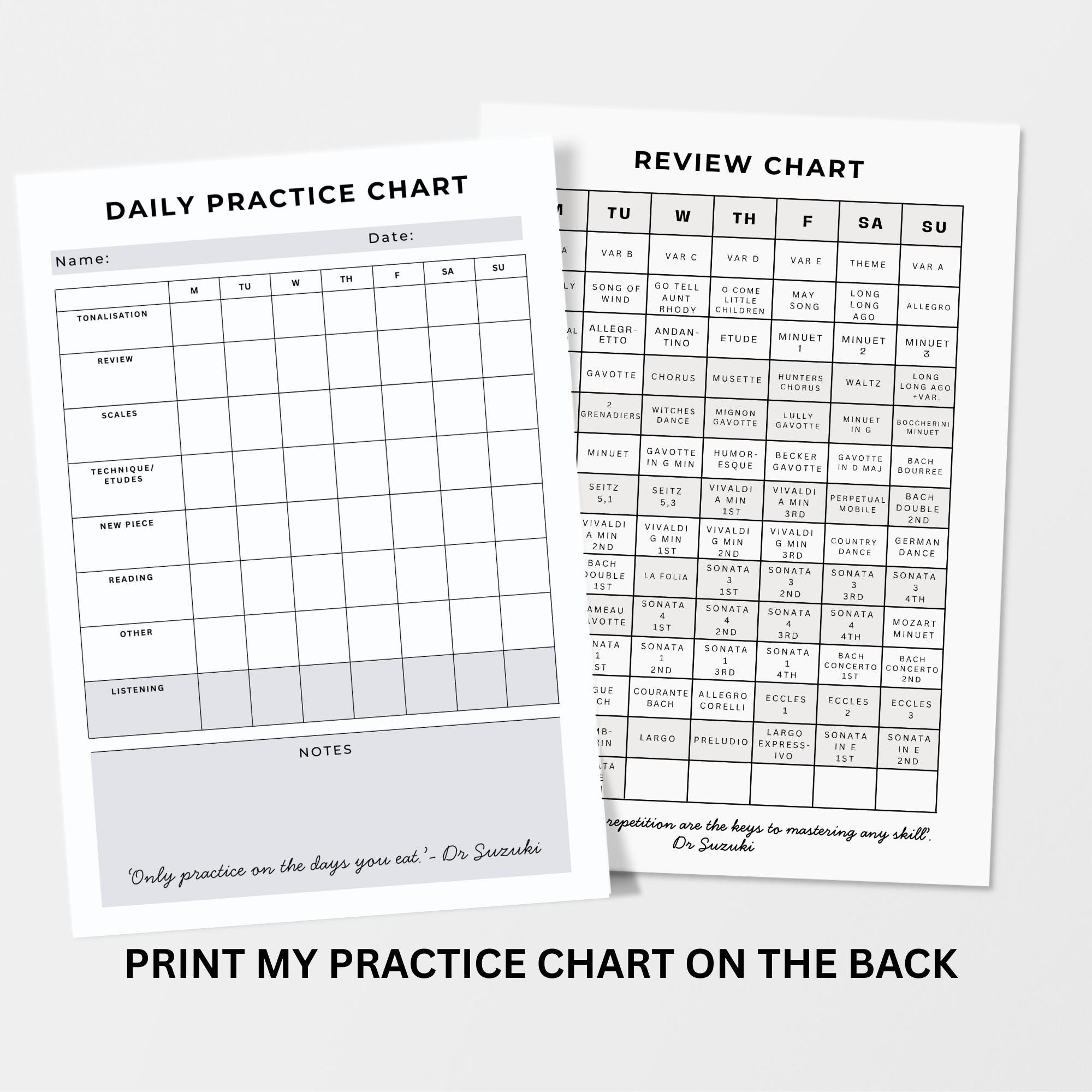 REVIEW CHART Suzuki Violin, Books 1 -8 Practice Sheet, Violin Review ...