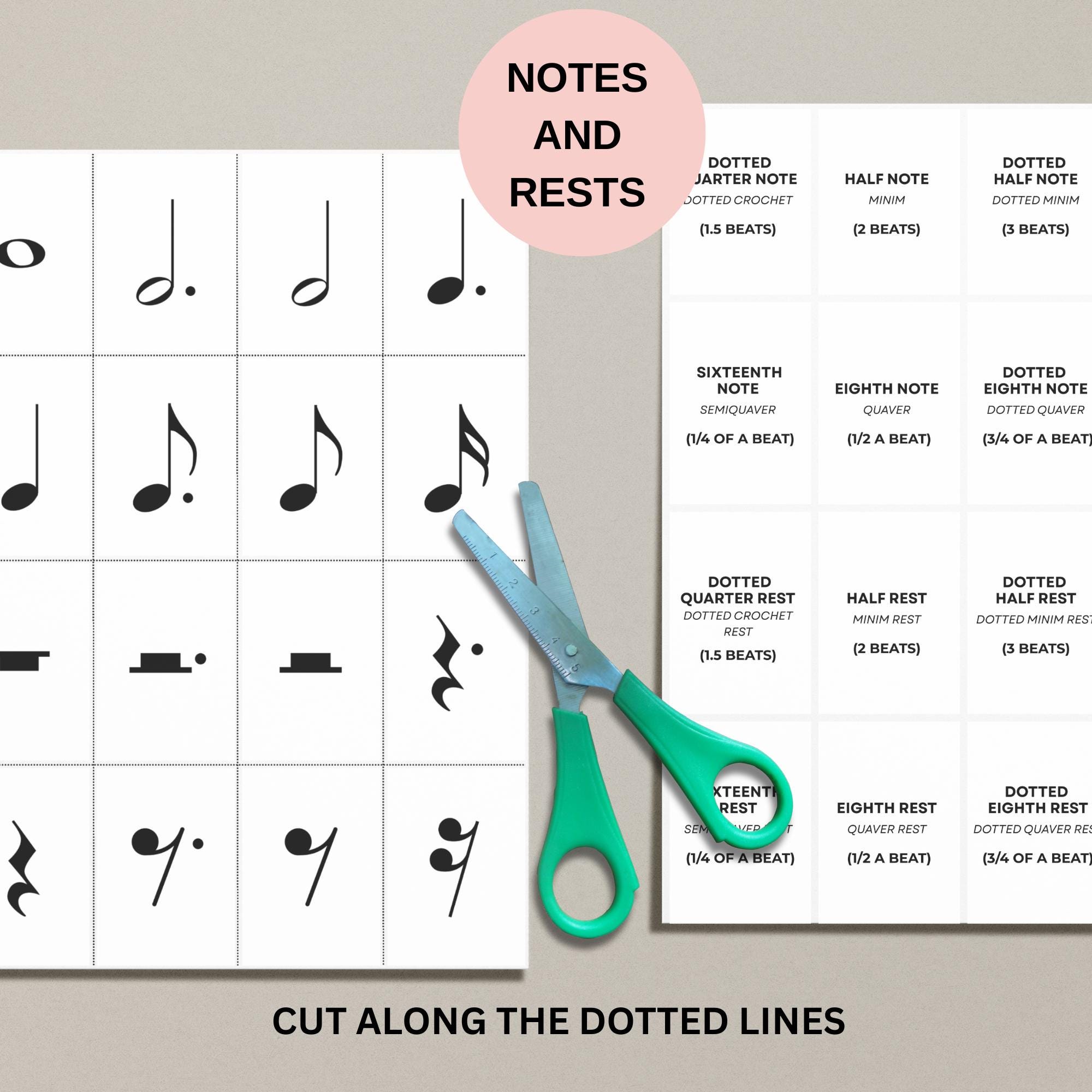 Music Note and Rest Values FLASHCARDS, Printable Notes and Rests Flash ...