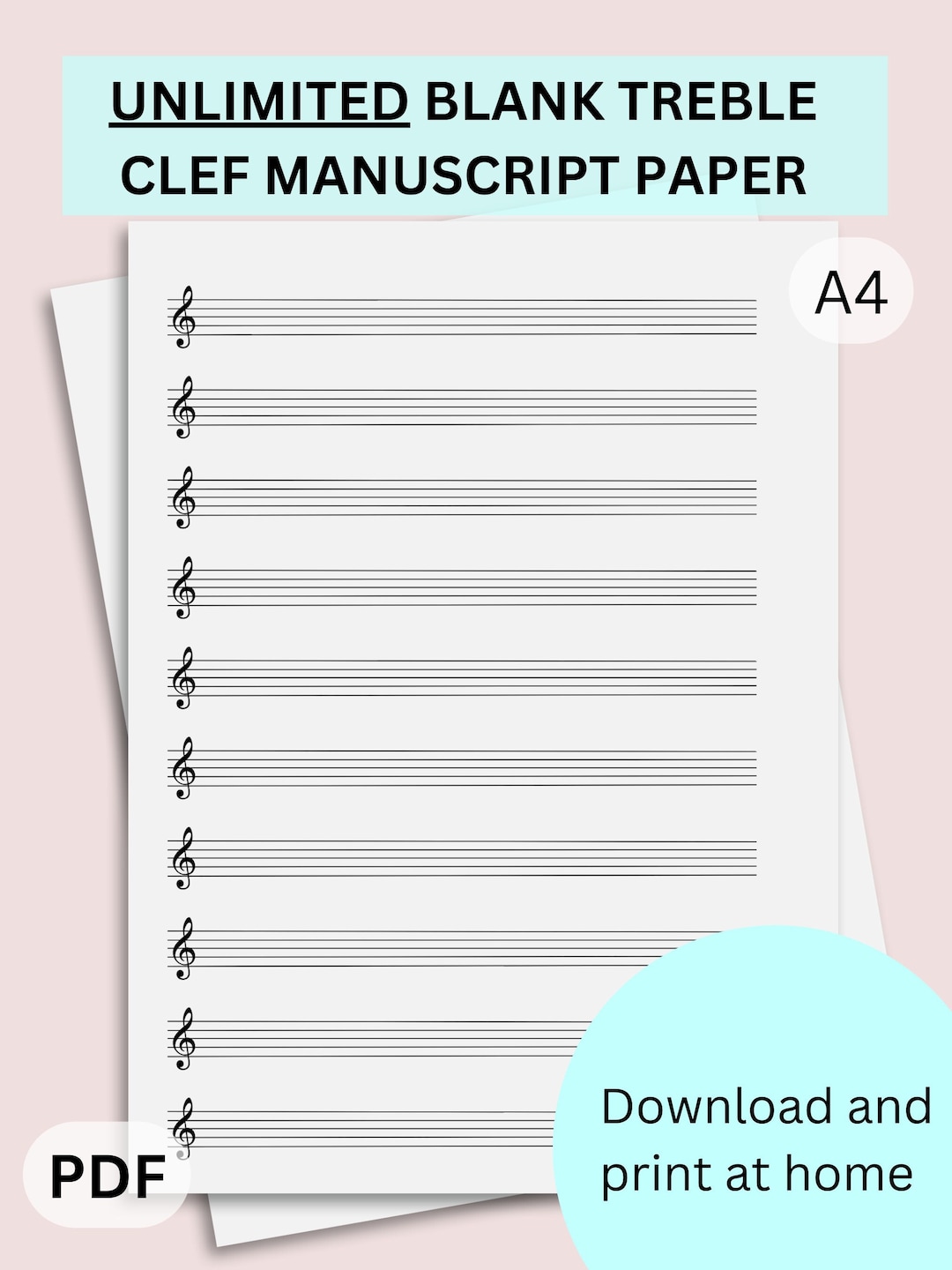 BLANK MANUSCRIPT PAPER Treble Clef, Unlimited Print at Home Staff Paper ...