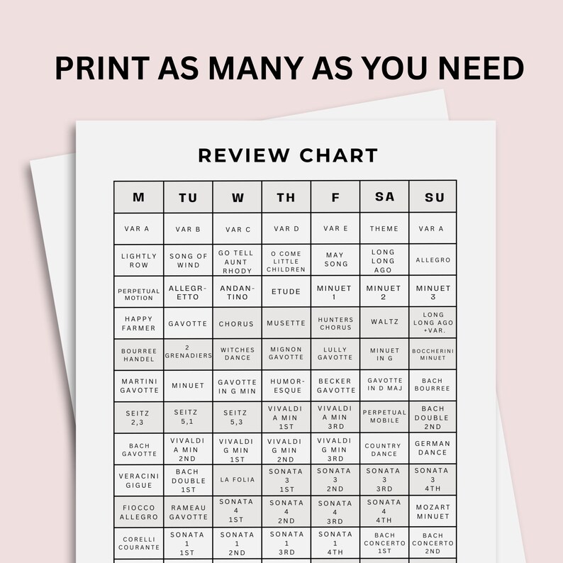 REVIEW CHART Suzuki Violin, Books 1 -8 Practice Sheet, Violin Review ...