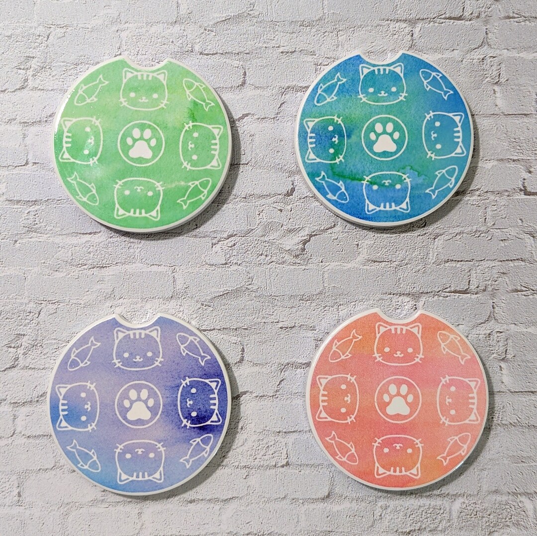 Cute Cat Glazed Ceramic Car Coasters | Set of 2 or Singular | Cute Car ...