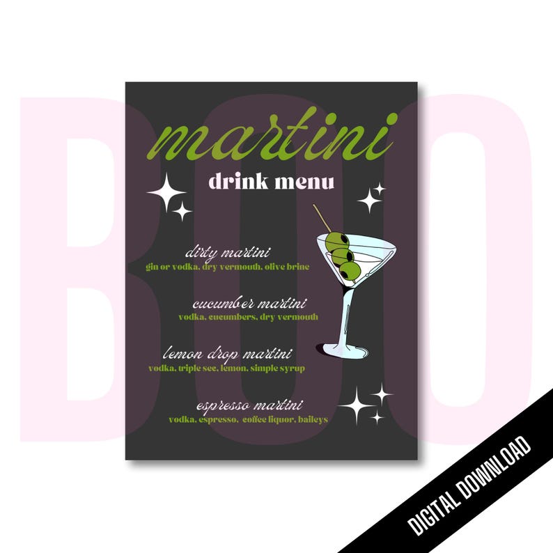 Digital Download - White Martini Drink Menu, Tini Bit Older Theme - 8 ...