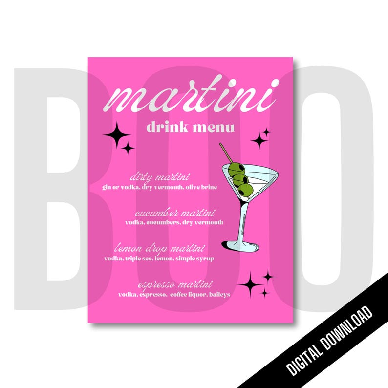 Digital Download - White Martini Drink Menu, Tini Bit Older Theme - 8 ...