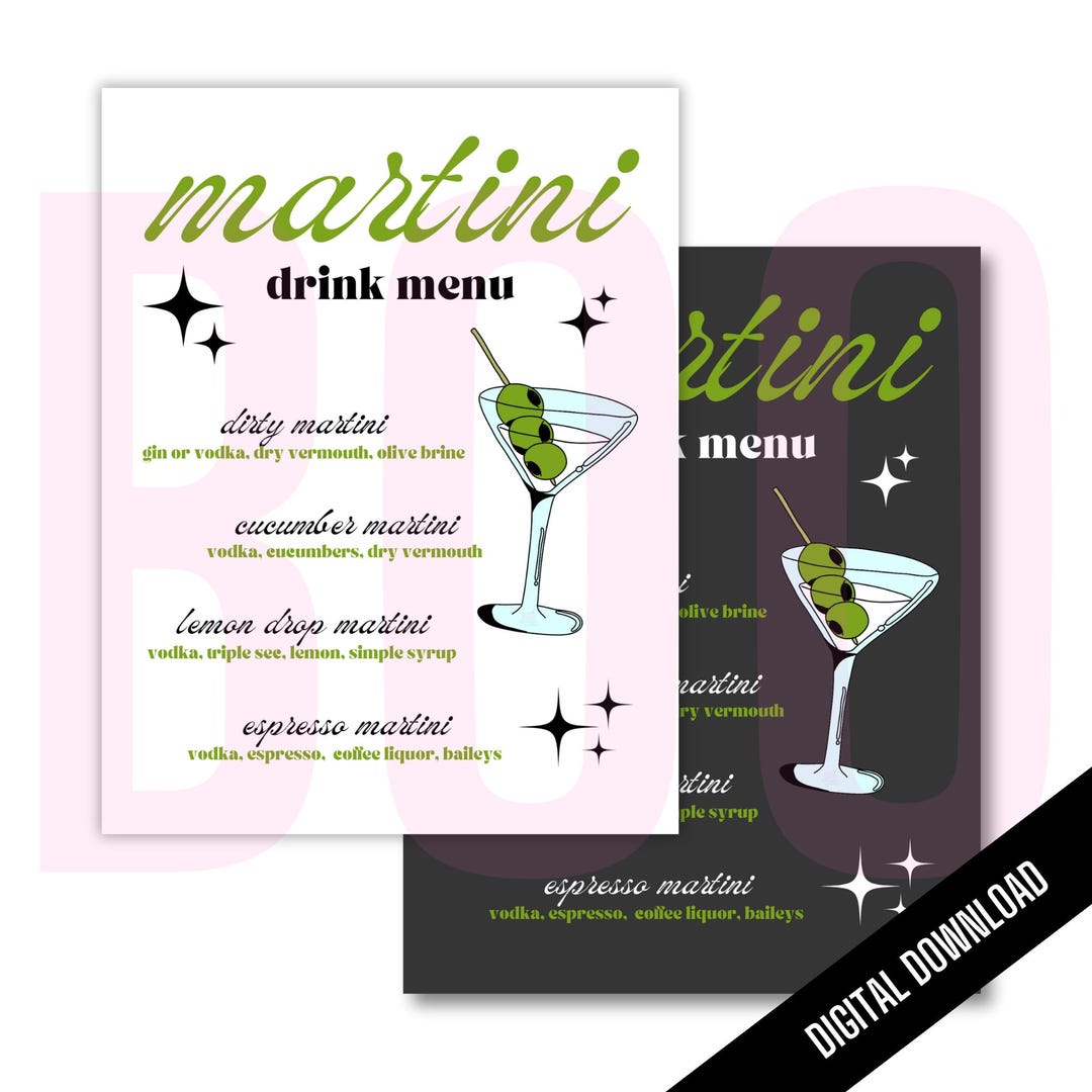 Digital Download - White Martini Drink Menu, Tini Bit Older Theme - 8 ...