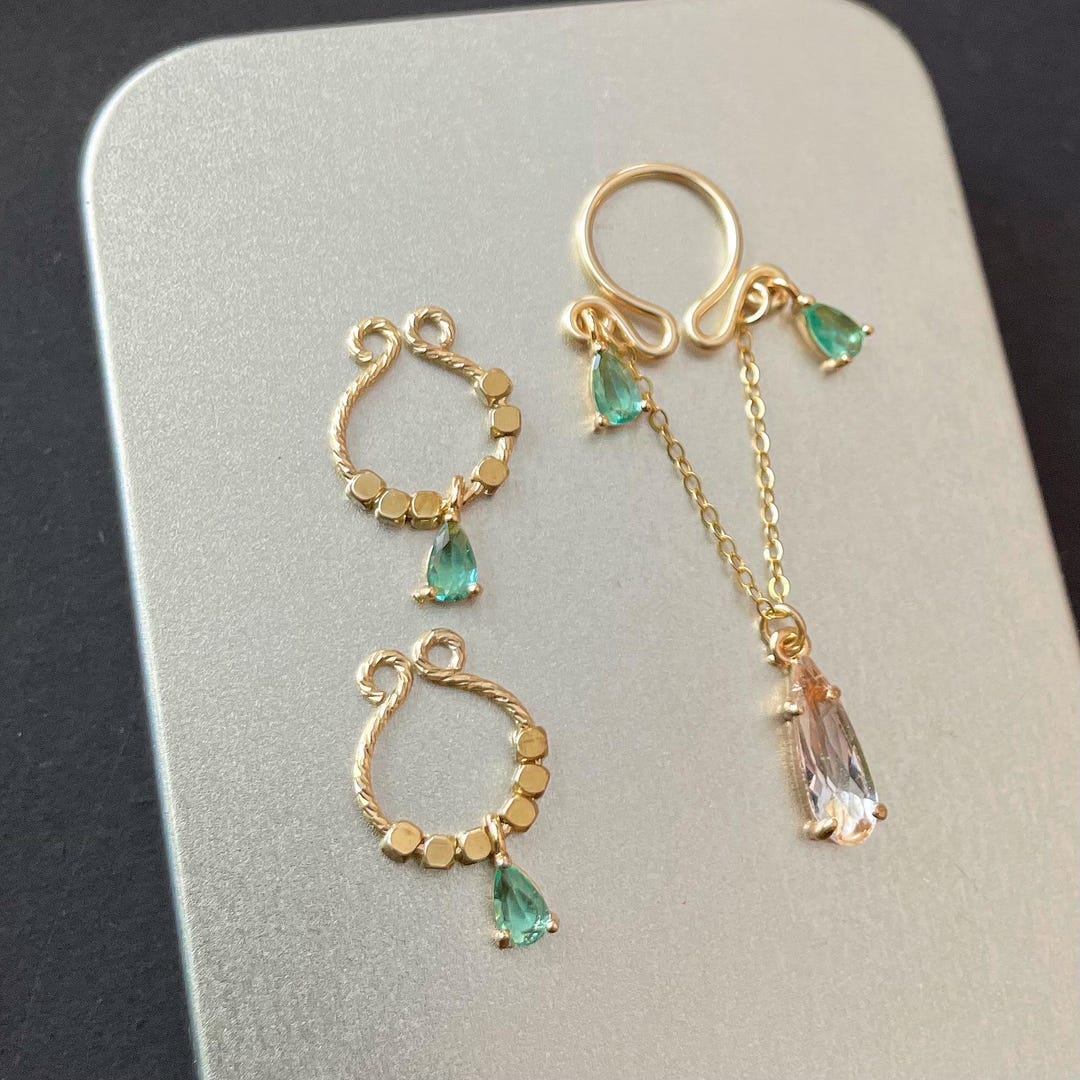 Handmade 14k Filled Clip on Nipple Rings: Emerald Glass Dangle - Etsy