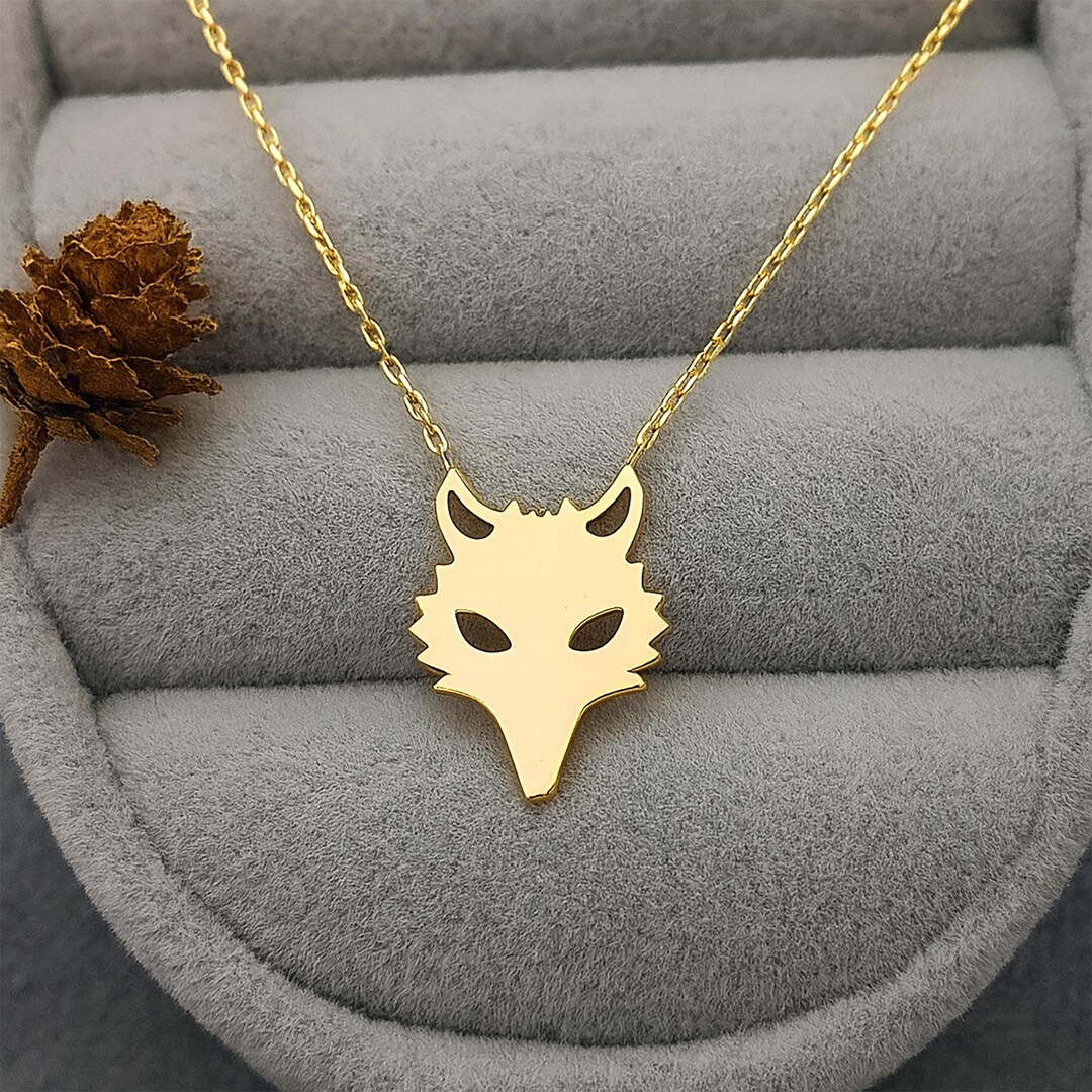 14k Solid Gold Wolf Head Necklace: Dainty 10k Fox Pendant, 18k Animal ...