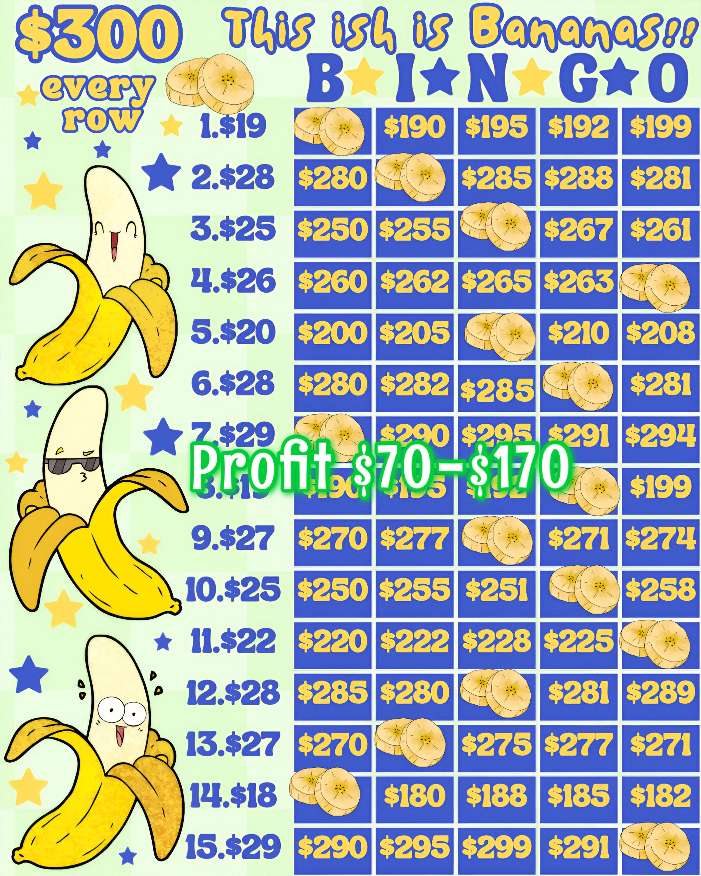 300 Every Row Bananas Pyp Bingo Board With Profit - Etsy
