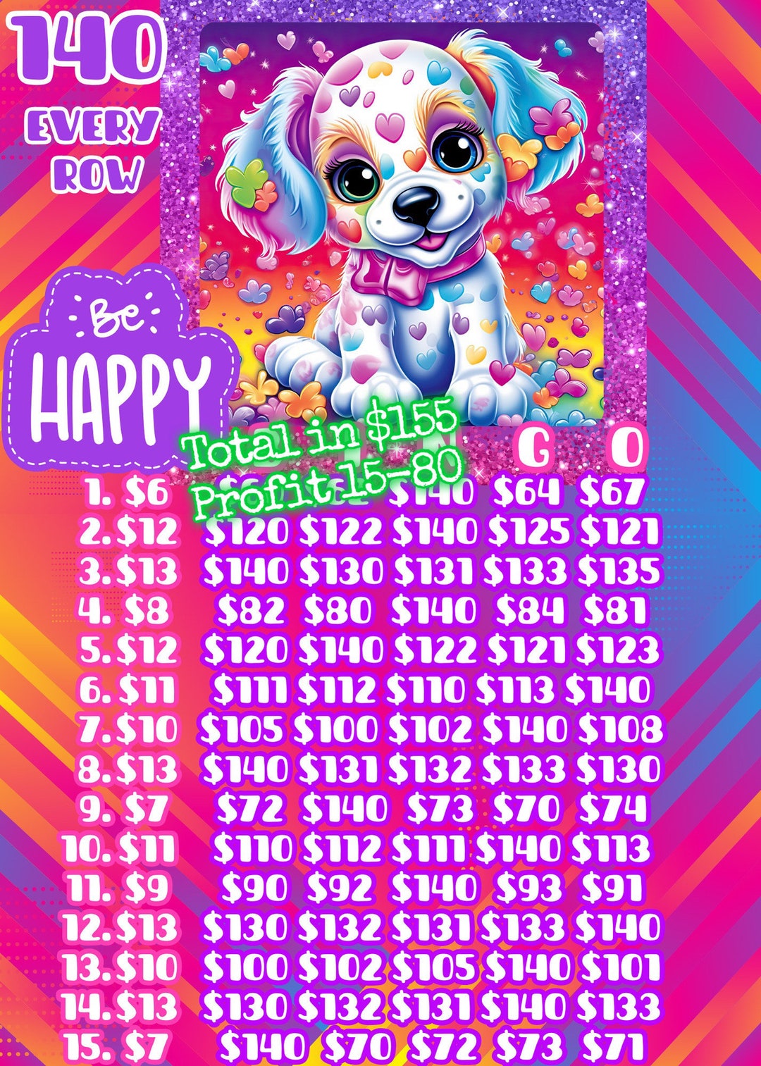 Happy Puppy 140 Every Row Pyp Bingo Board - Etsy