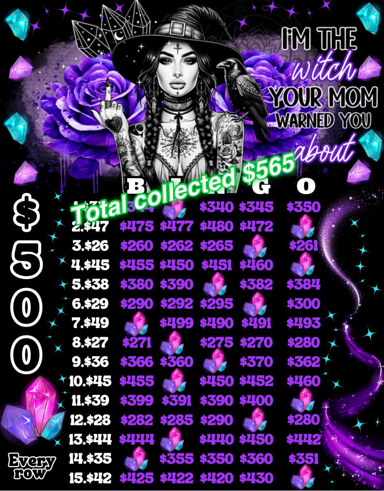 500 Every Row Witch Pyp Bingo Board - Etsy