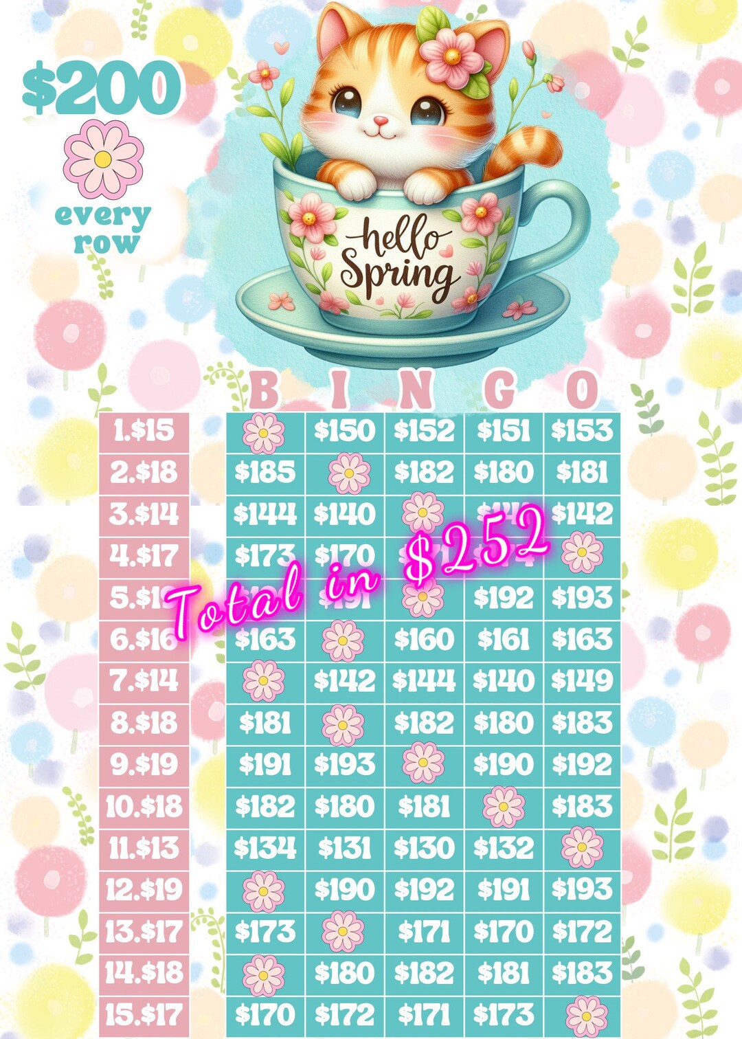 200 Every Row Hello Spring Pyp Bingo Board - Etsy