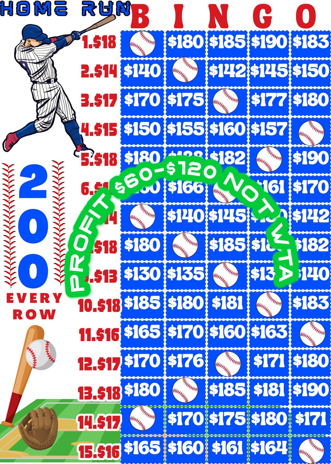 200 Every Row Home Run Pyp Bingo Board With Profit - Etsy