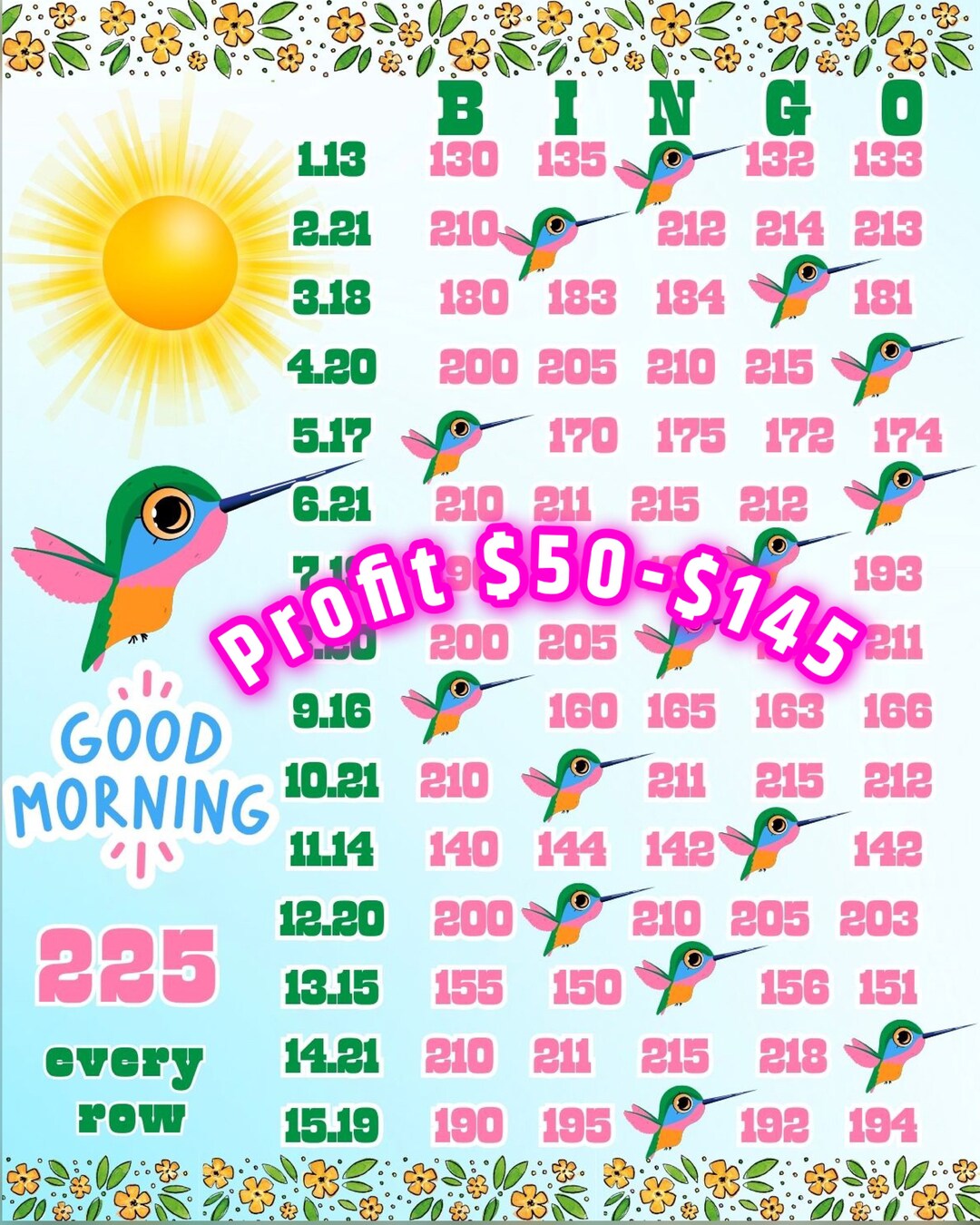 225 Every Row Bingo Board With Profit - Etsy