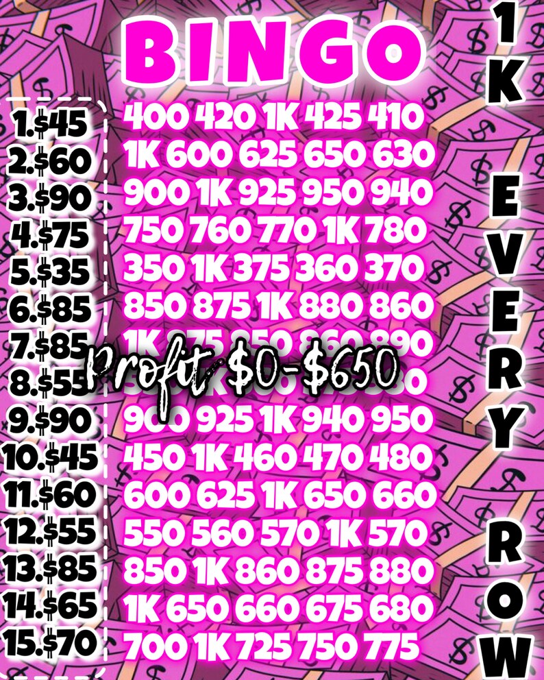 1k Every Row Bingo. Pick Your Pay Bingo - Etsy