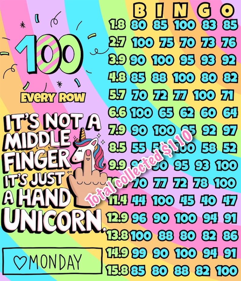 100 Every Row Monday Bingo Board - Etsy