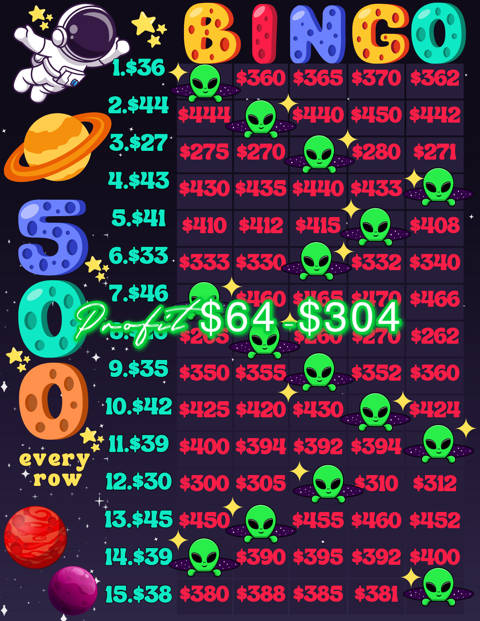 Outer Space 500 Every Row Bingo Board With Profit - Etsy