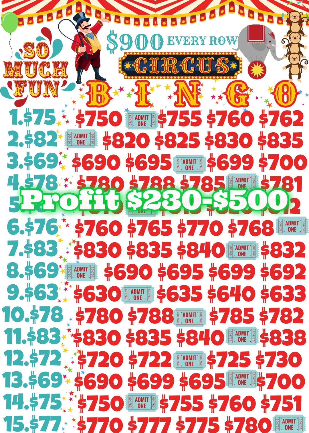 900 Every Row Circus Bingo Board With Profit - Etsy