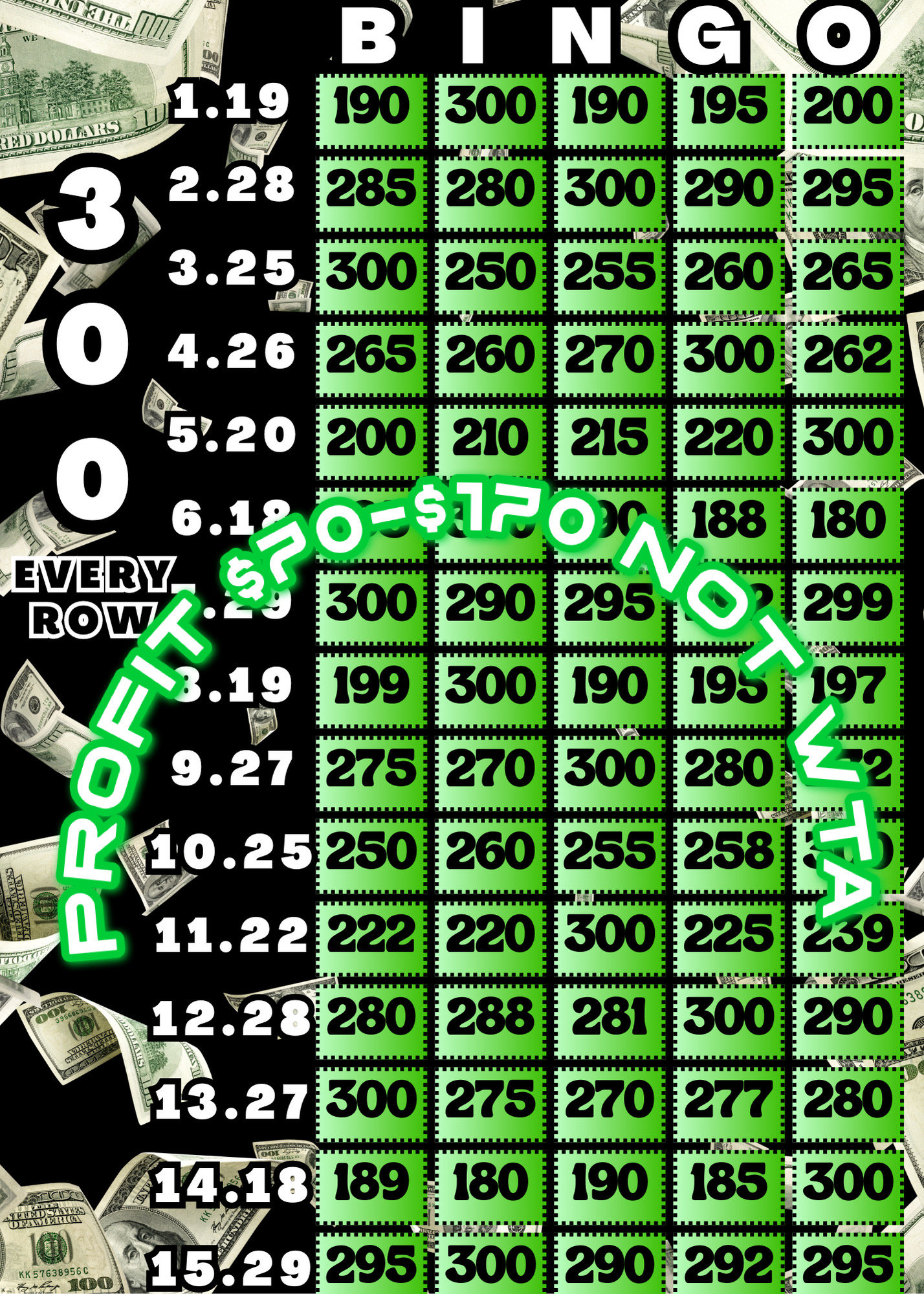 300 Every Row Bingo Board With Profit - Etsy