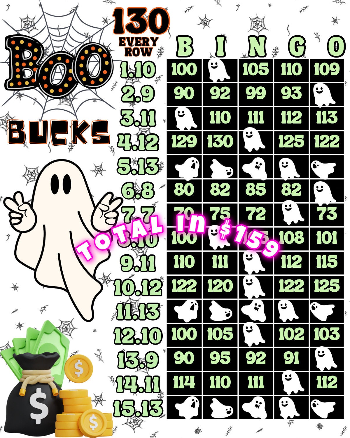 130 Every Row Boo Bucks Pyp Bingo Board - Etsy