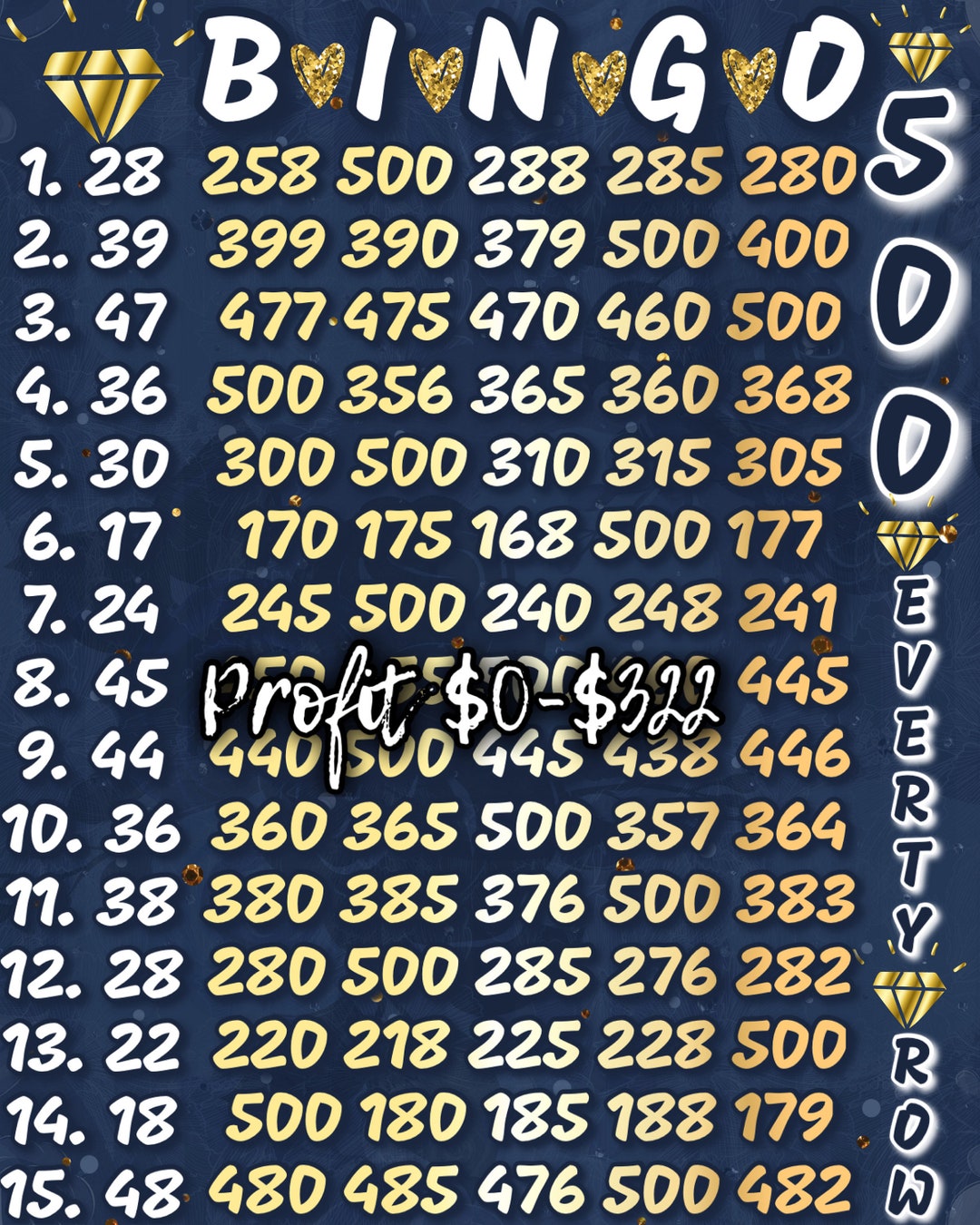 500 Every Row Bingo - Etsy