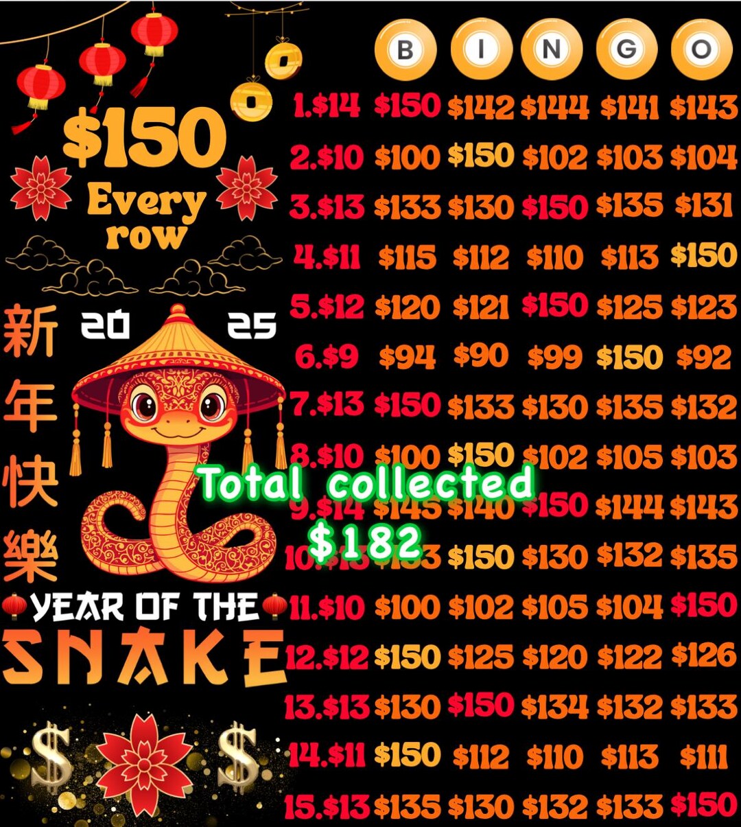 Year of the Snake 150 Every Row Bingo Board - Etsy