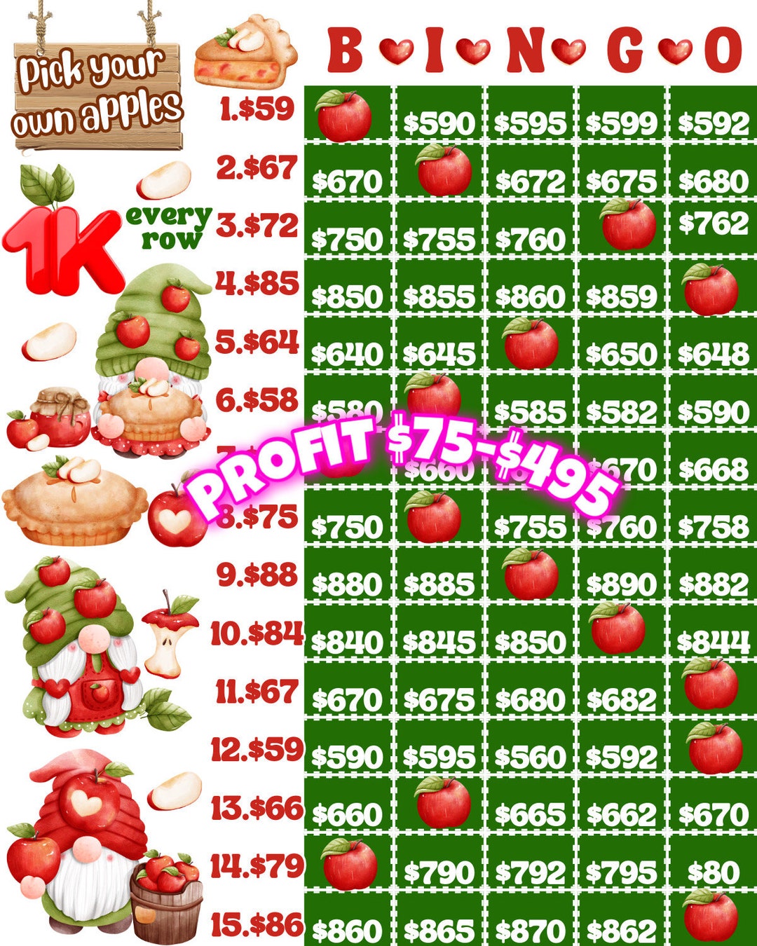 1k Every Row Pyp Apple Picking Bingo Board With Profit - Etsy